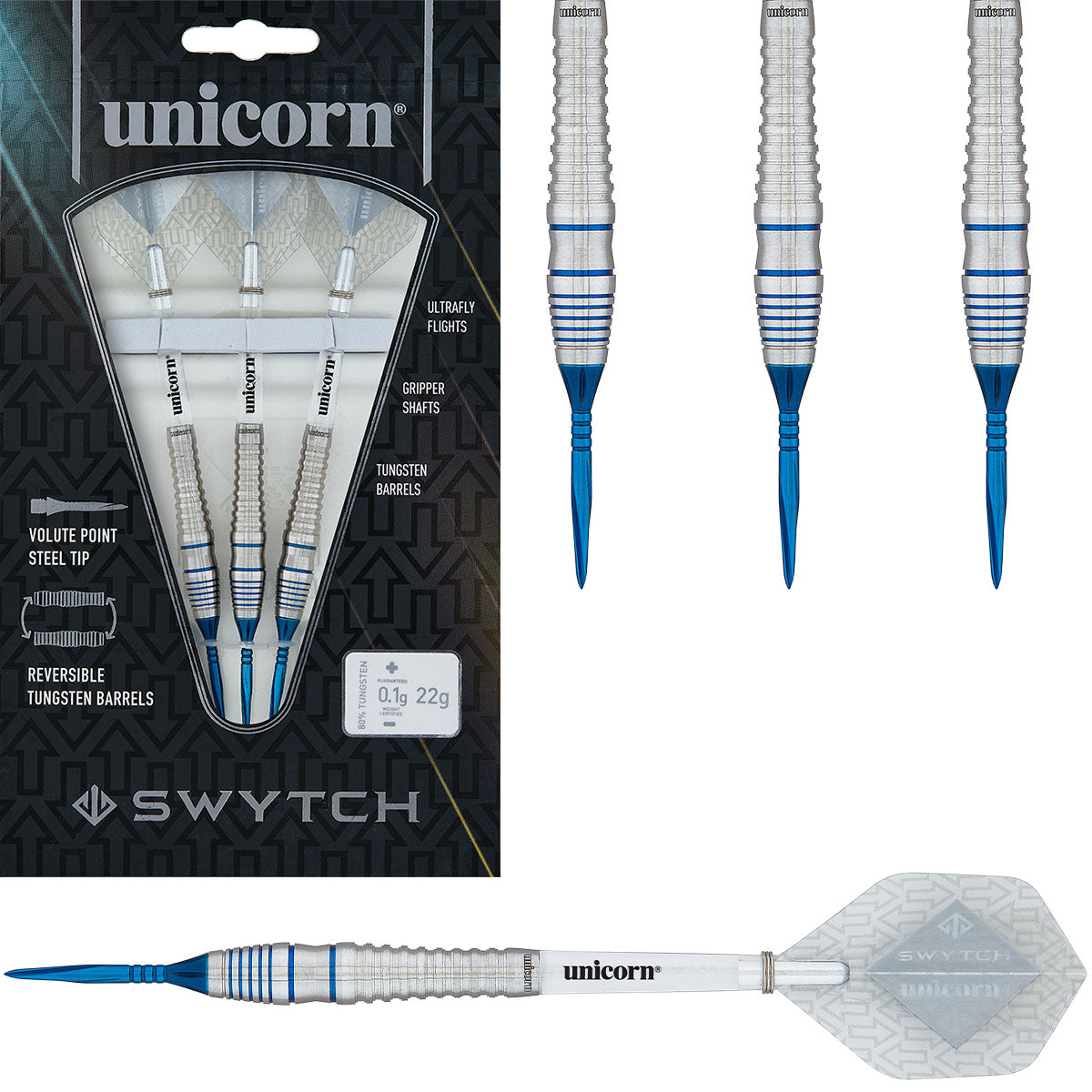 Swytch Blue 80% Tungsten Steel Tip Darts by Unicorn – Double Top Darts